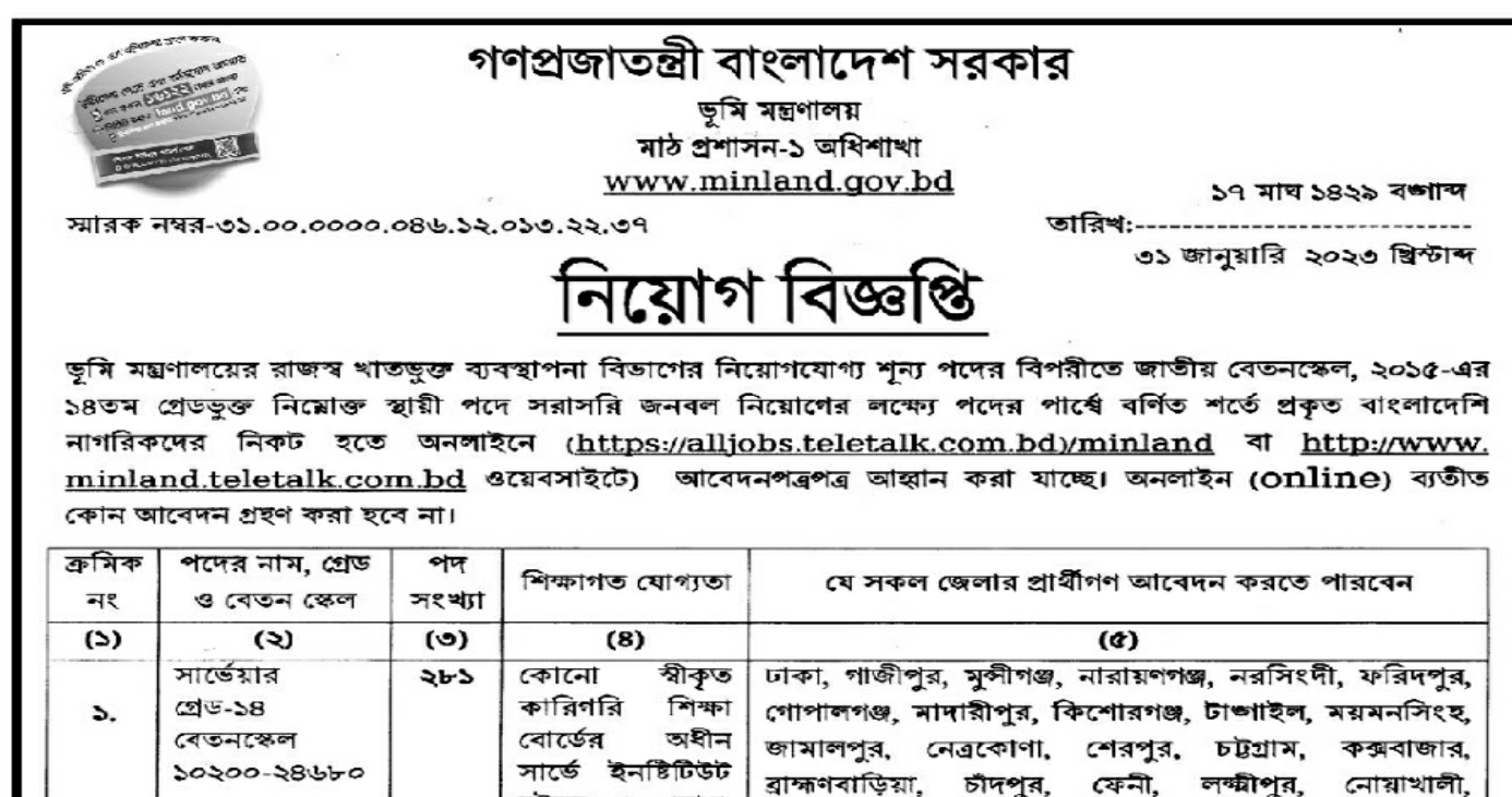 ভূমি মন্ত্রণালয় নিয়োগ বিজ্ঞপ্তি ২০২৩ | MINLAND Job Circular - সাপ্তাহিক চাকরির খবর